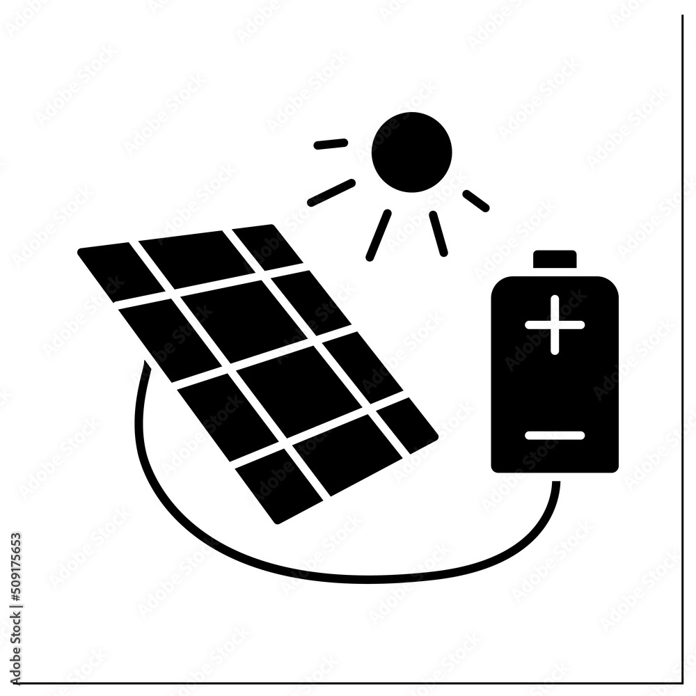 Solar battery glyph icon. Power conversion sunlight into electricity ...