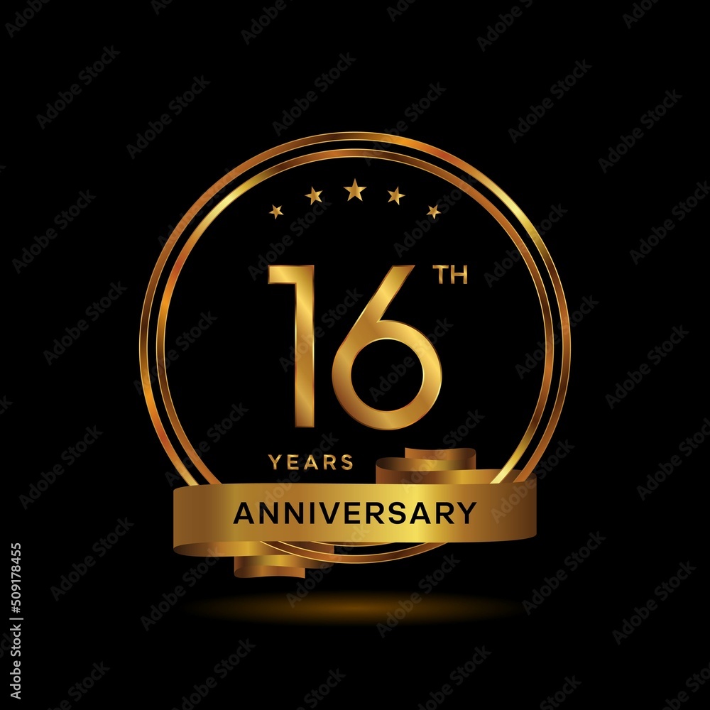 16 years anniversary logo with gold color and ribbon for booklet ...