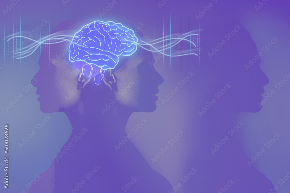 Young girl with closed eyes and neon glowing brain. Women's Mental ...