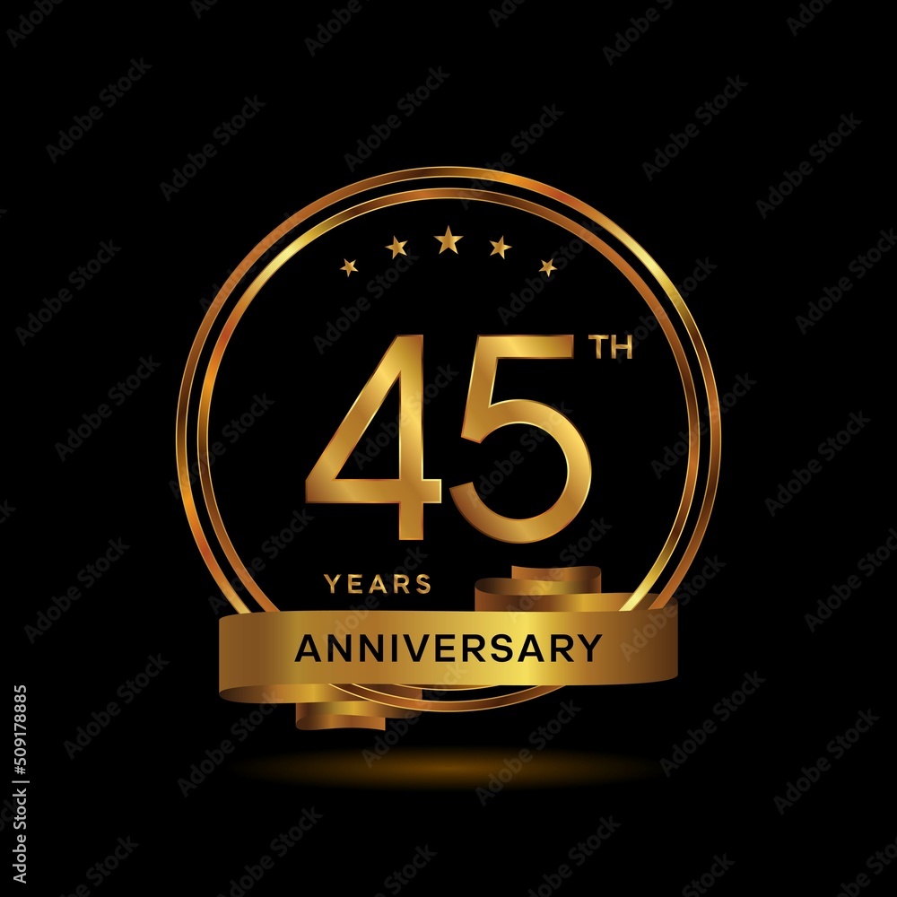 45 years anniversary logo with gold color and ribbon for booklet ...