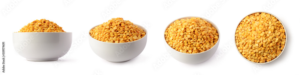 yellow split peas in a white bowl or cup, dried, peeled and split seeds ...