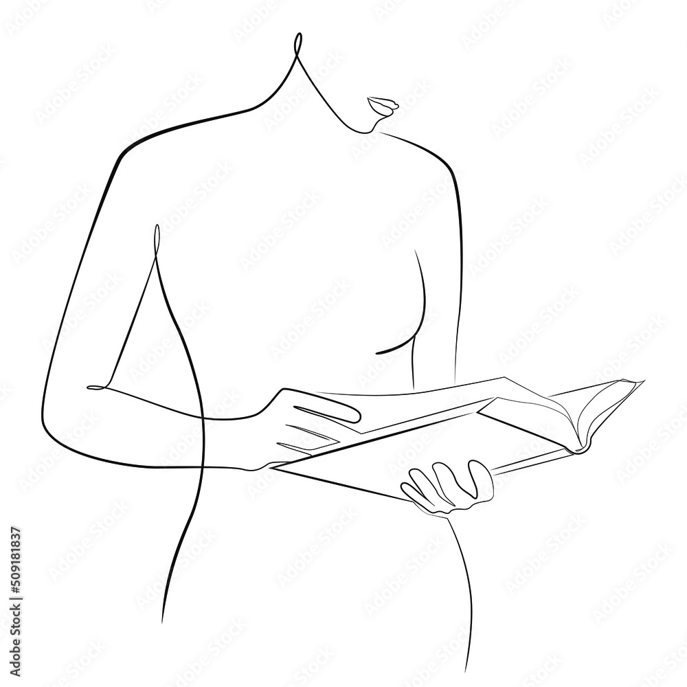 Woman reading a book one line drawing on white isolated background ...