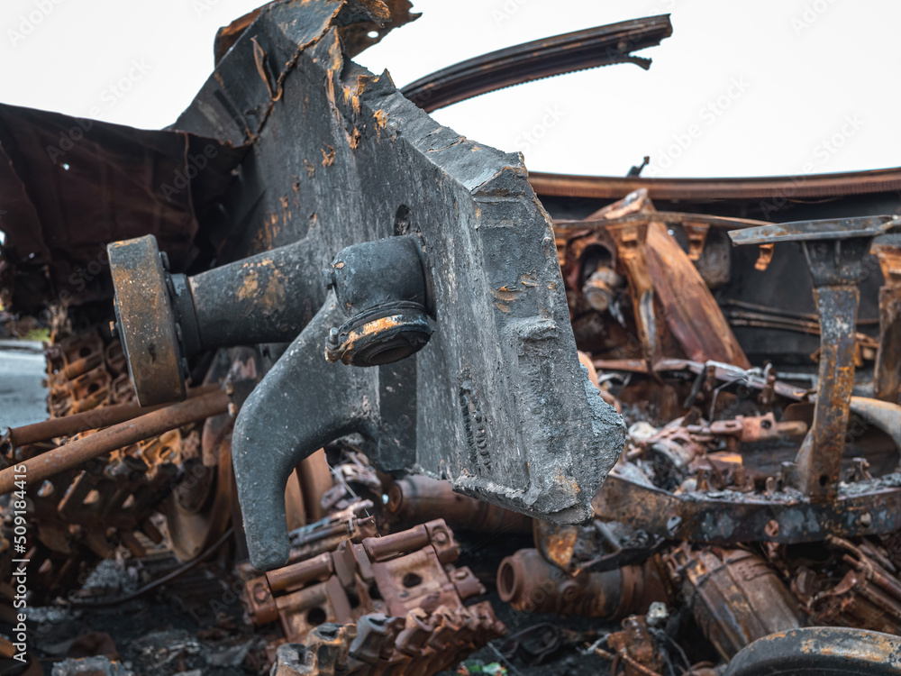 The war in Ukraine, a tank blown up, a tank armor torn by an explosion ...
