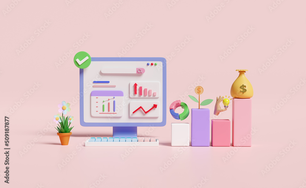 laptop computer screen 3d with financial report charts, graph, search ...