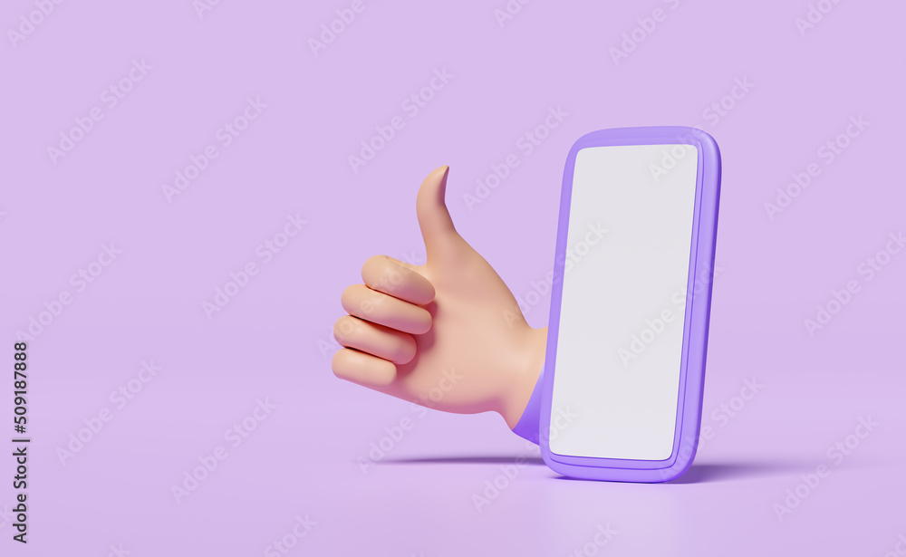 mobile phone 3d, smartphone with thumbs up isolated on purple ...