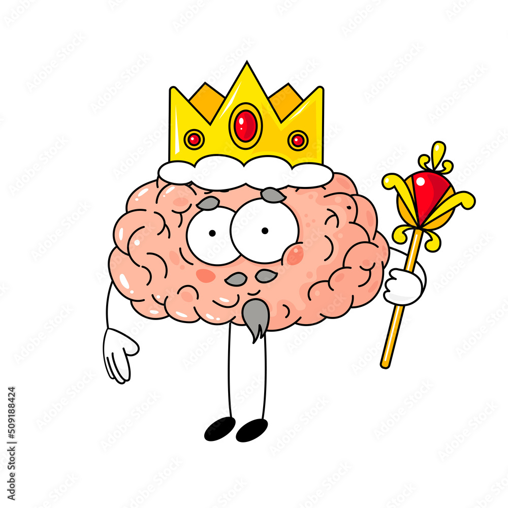 Cute cartoon human brain as a king. Funny character for your design ...