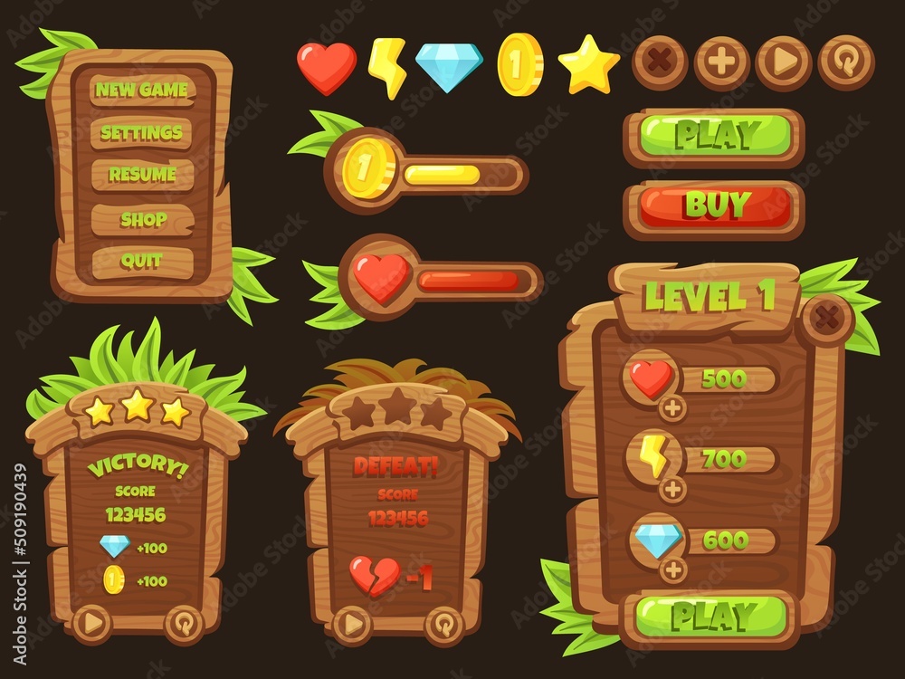 Ui game elements. Wooden element for menu interface. Cartoon buttons, mobile app panel kit ...