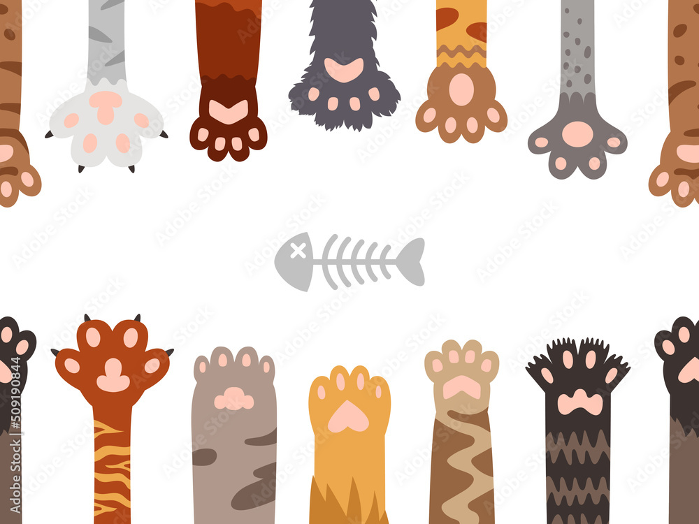 Pet paws. Pets foot, cat tiger paw and fish skeleton. Animals footprint ...