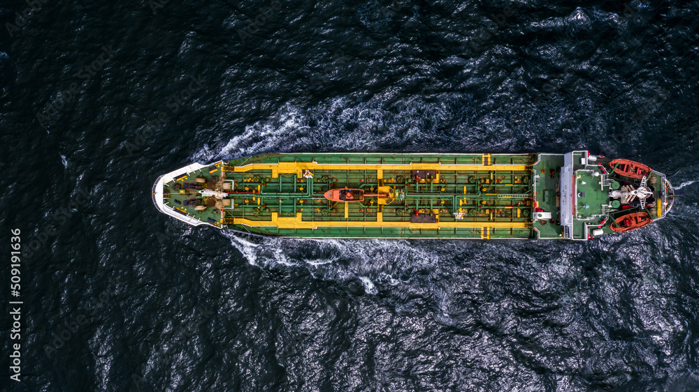 Aerial top view oil tanker petrochemical tanker transfer crude oil to ...