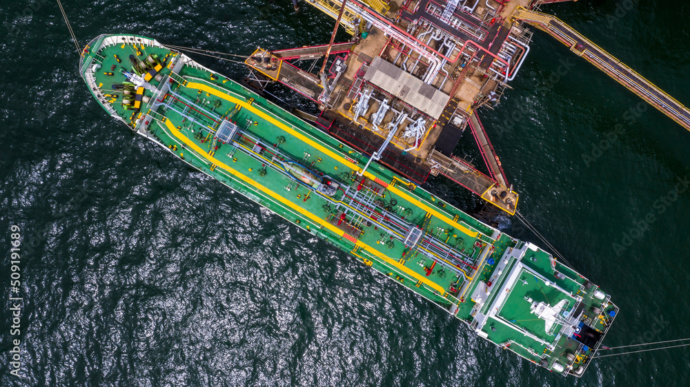 Aerial view petrochemical tanker park offshore at oil terminal ...