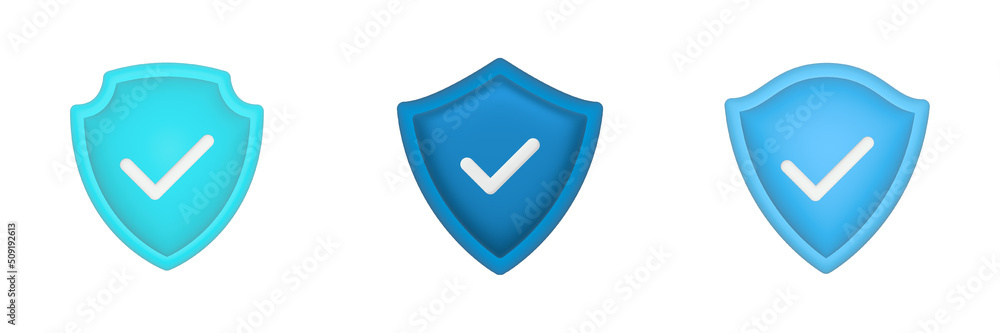 Shield check mark 3d icon set. Protection guard blue symbol collection ...