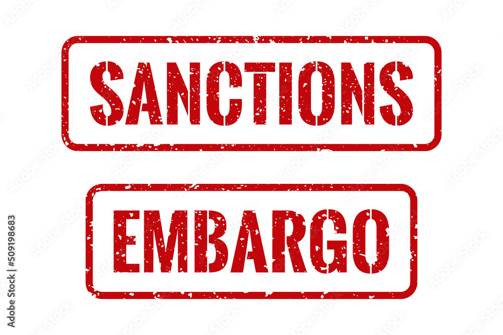 Red rubber print of Embargo and Sanctions text with dirty texture ...