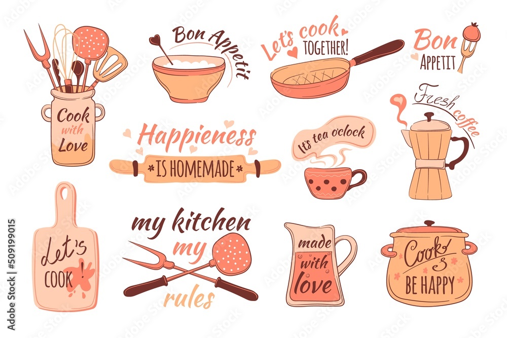 Kitchen tools letters. Cook elements typography quote lettering, rules ...