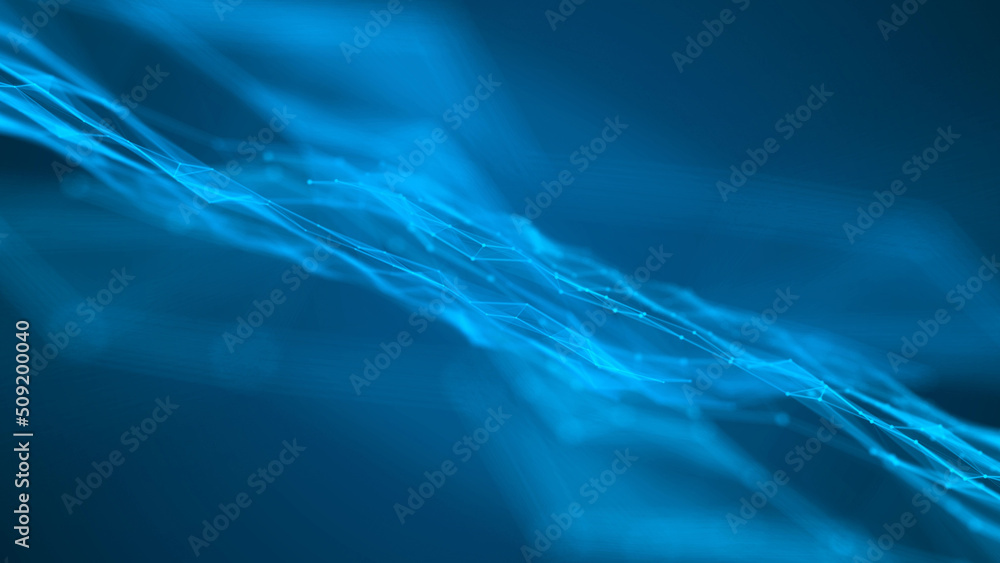 Geometric neon blue background. Design field of lines, dots, glass ...