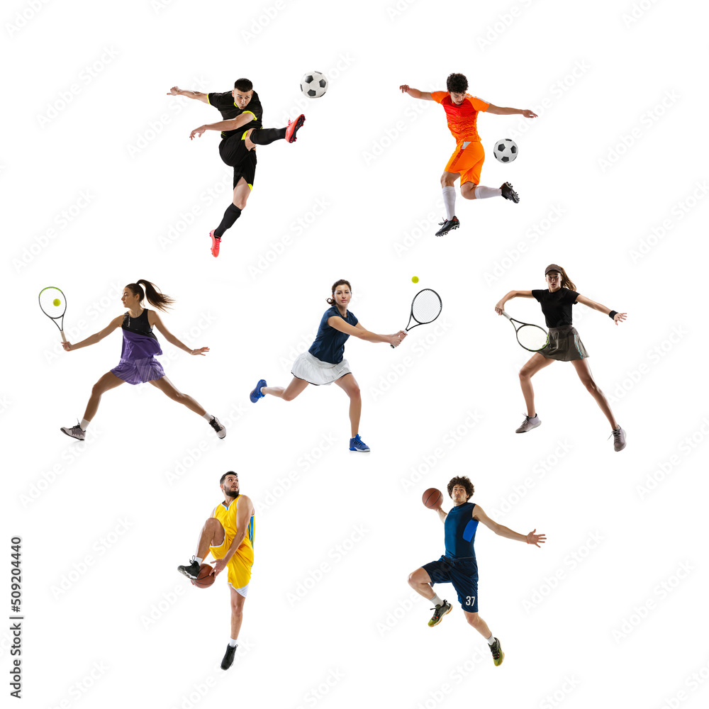 Collage of different professional sportsmen, fit people in action and ...
