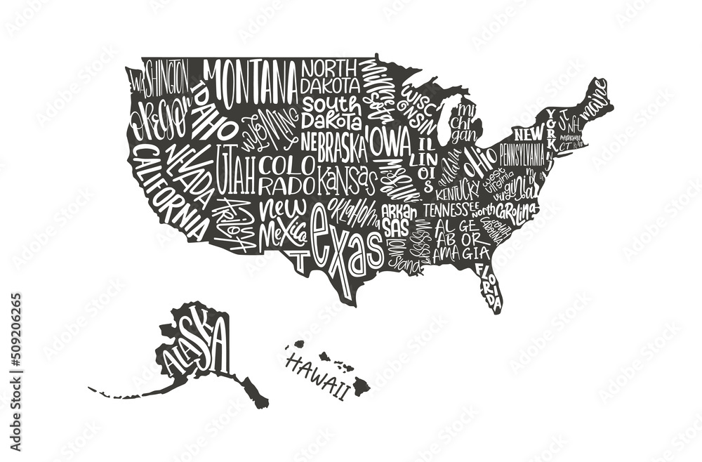 USA MAP. United States of America with text state names. Flat hand ...