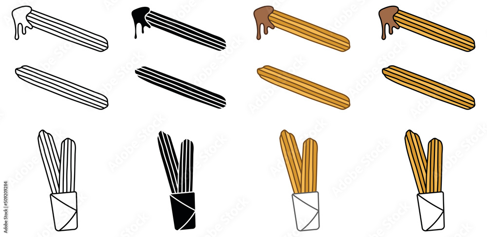 Churro Deep Fried Dessert Clipart Set - Outline, Silhouette and Color ...