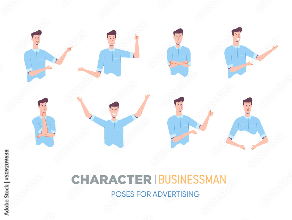 businessman character poses for advertising. Creation set with various ...