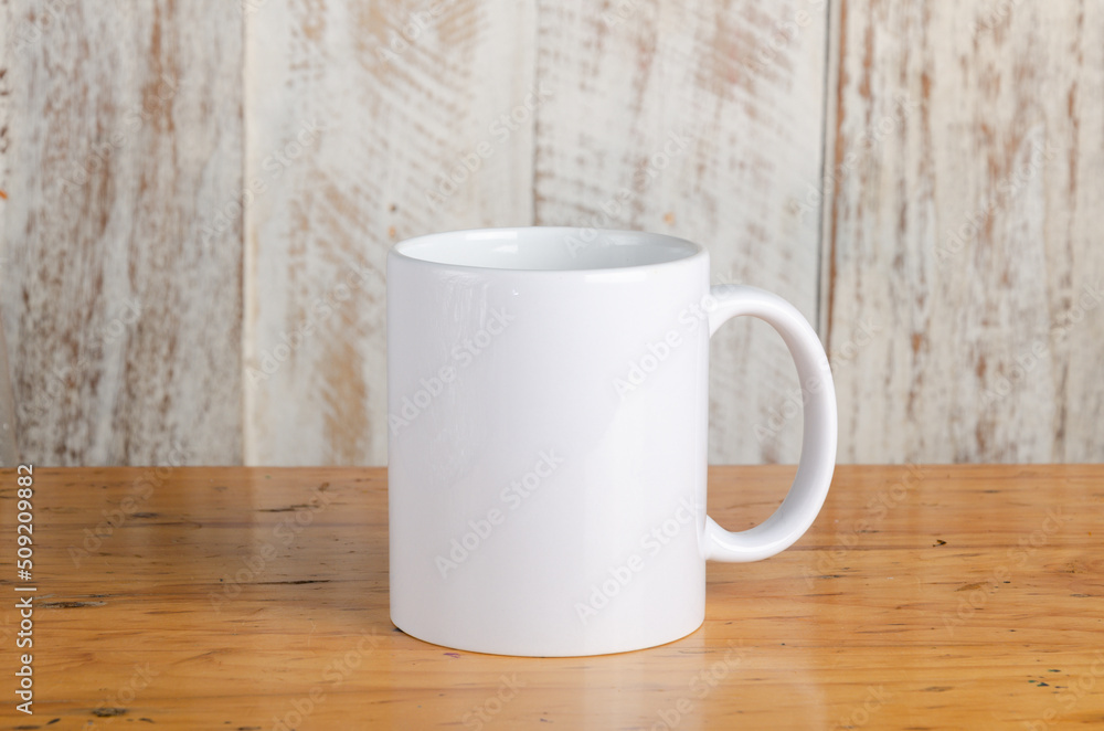 Blank white AND COLOR mug mockup photo with rustic wood background ...