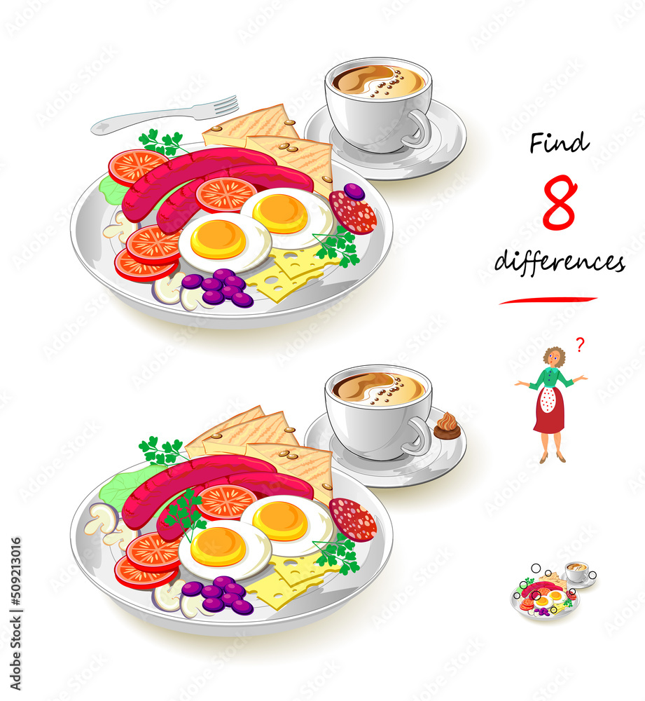 Find 8 differences. Illustration of tasty English breakfast. Logic ...