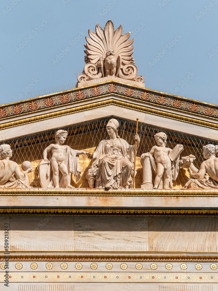 The gable of the building of the University of Athens. Athena, the ...