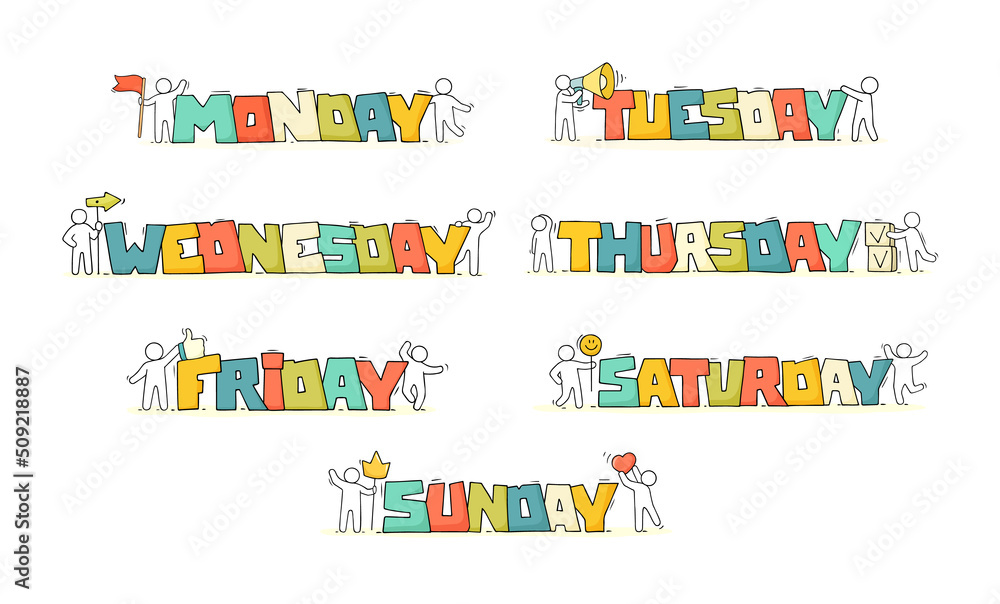 Cartoon set - little people with days of the week. Stock Vector | Adobe ...