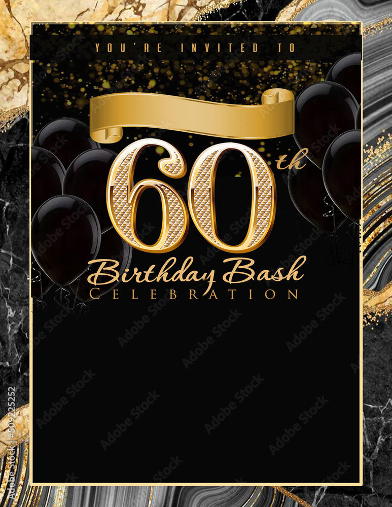 60th Birthday Flyer Design Black Gold Border Postcard Template Stock ...