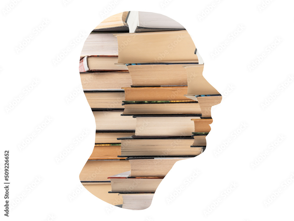 Bookworm, avid reader. Man head with books isolated on white background ...