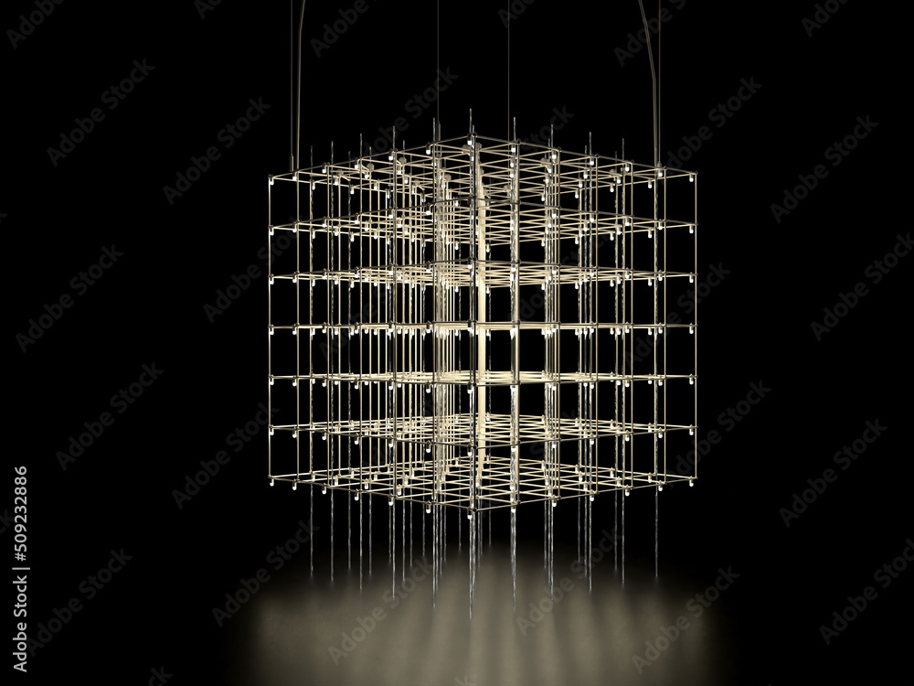 3d render many small yellow light bulbs in the shape of a cube on a ...