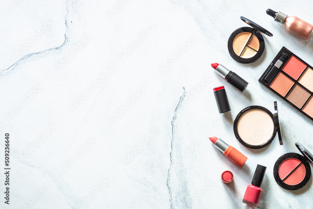 Makeup professional cosmetics on white marble background. Flat lay ...