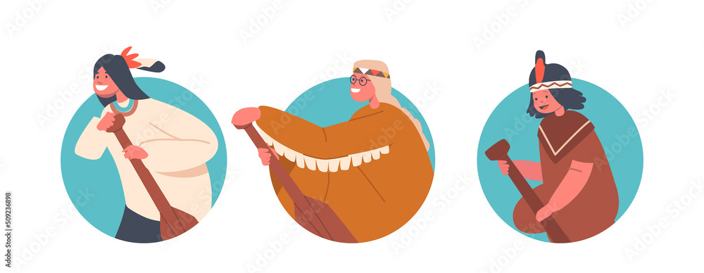 Set of Indian American Indigenous Kids Characters Round Icons or ...
