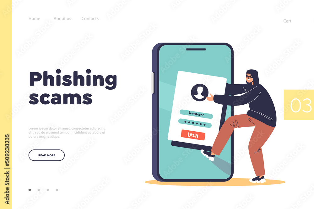 Phishing scams concept of landing page with cyber criminal stealing ...