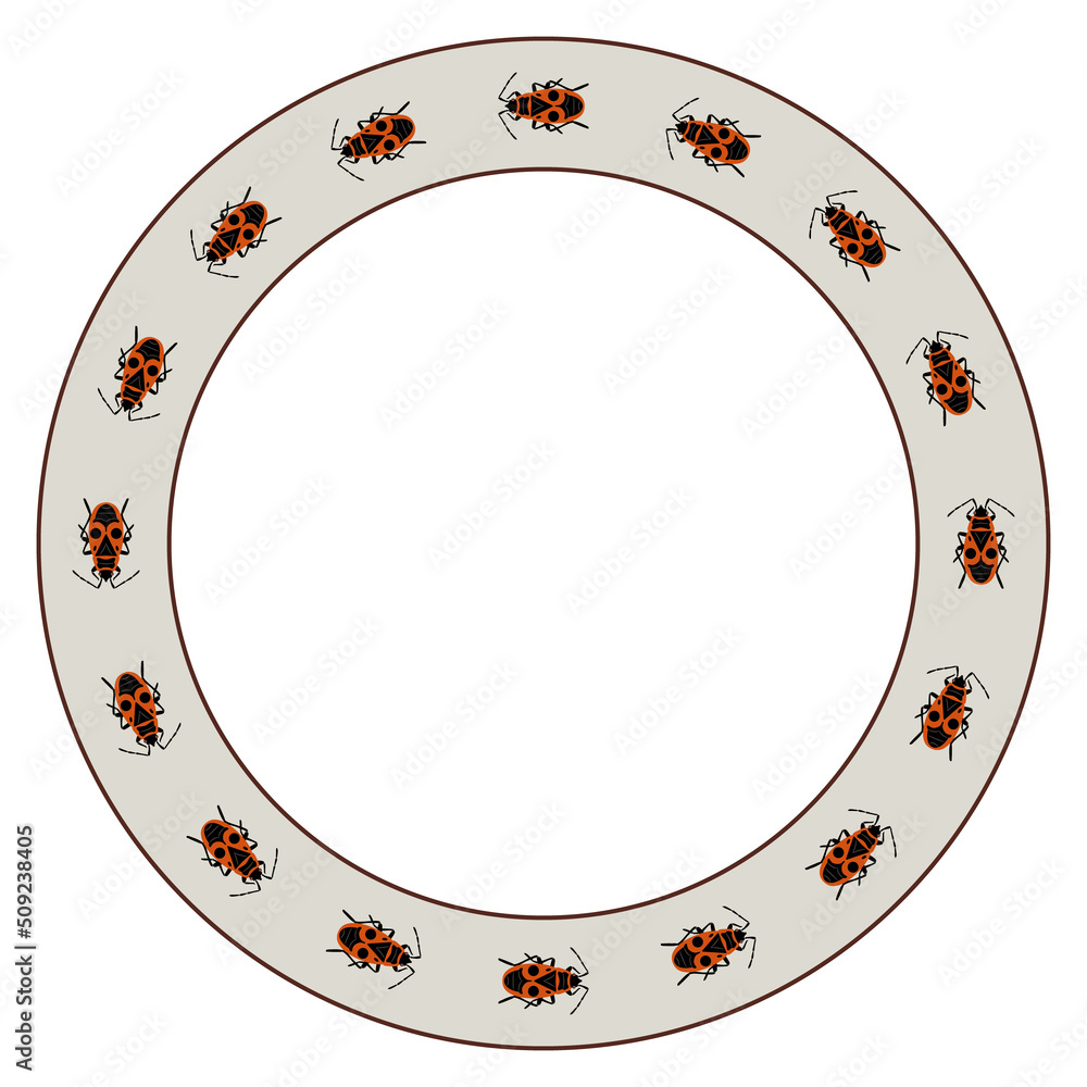 Round animal frame with firebug insects. Pyrrhocoris apterus. Red ...