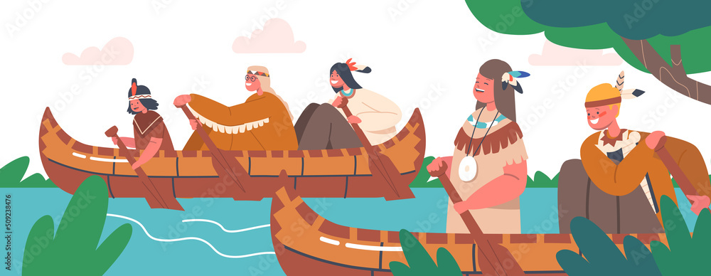 Native Indian American Children Swim on Canoe, Indigenous Kids ...