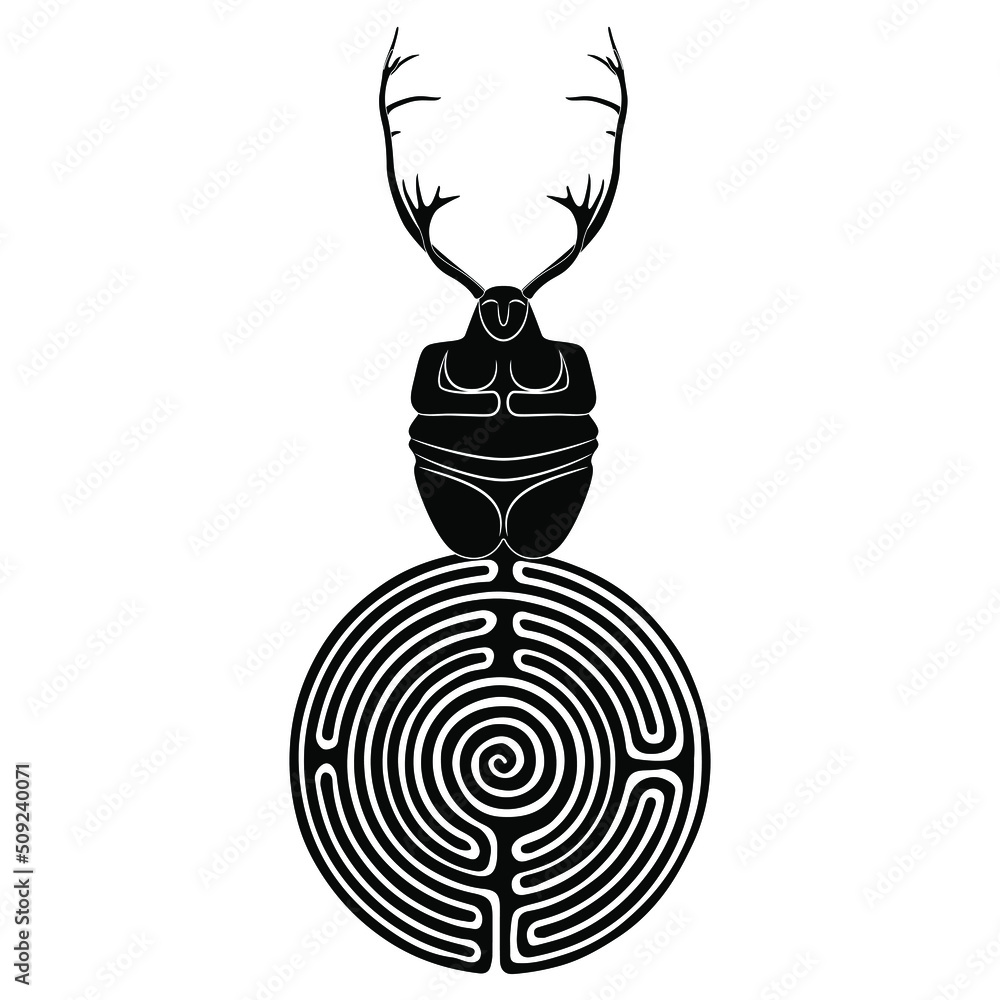 Horned Neolithic goddess with deer antlers standing on top of a round ...