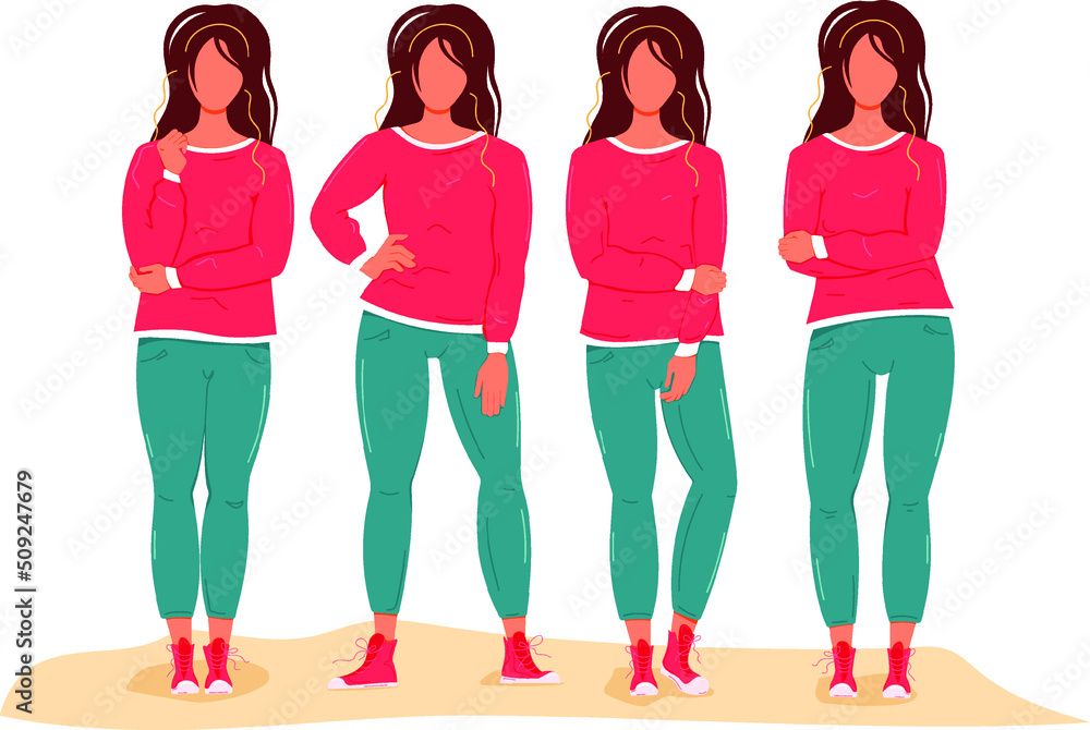 Young woman in casual style clothes in different poses. Set of standing ...