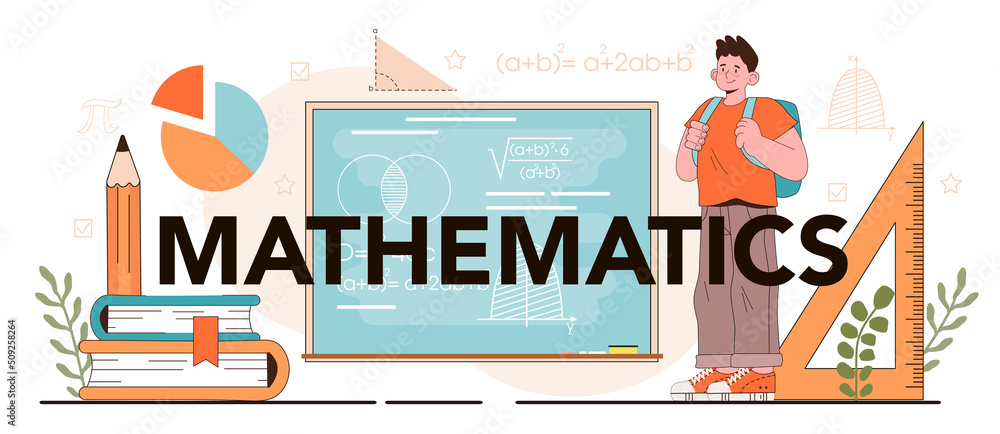 Mathematics typographic header. Students studying math and algebra ...