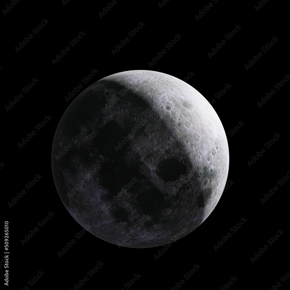 High detailed visible front side of the moon with shadow isolated on ...