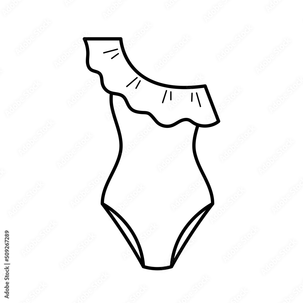 One piece ruffled swimsuit. Hand drawn sketch icon of women swimming ...