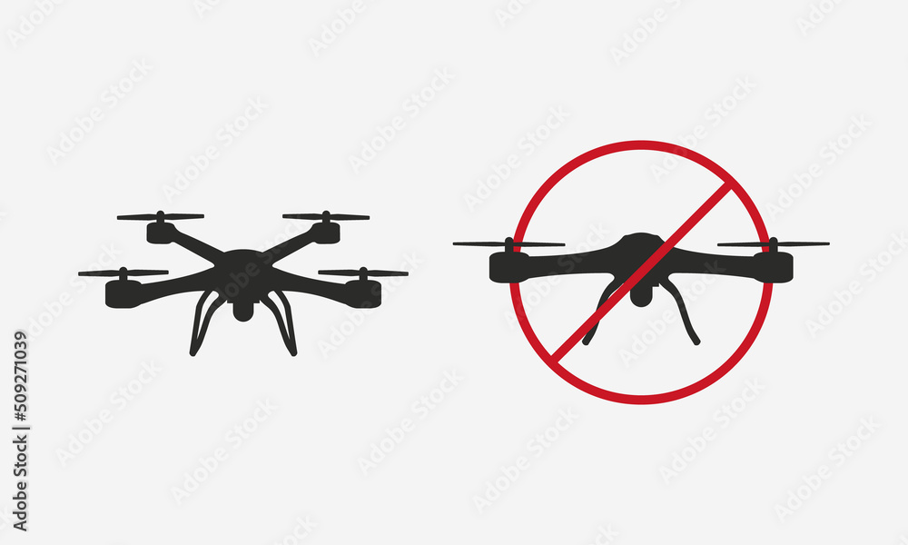Drone icons set. No fly zone icon, Drone with prohibit sign. Drone ...