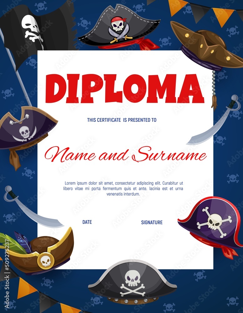 Kids pirate diploma, corsair sabers, tricorn and cocked hats. Education ...