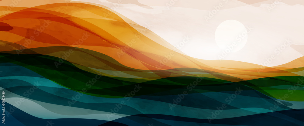 Landscape art background with mountains and hills at sunset in a ...