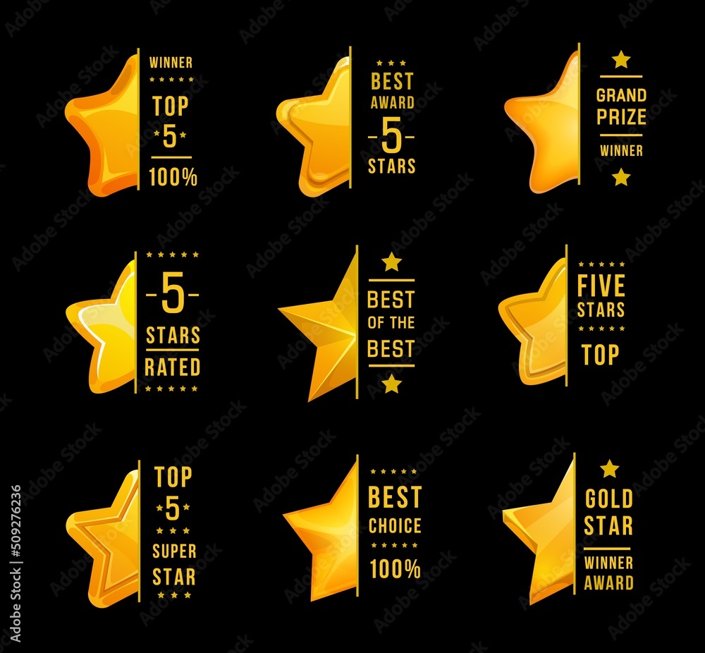 Golden star rating and award labels, five star top review rate, vector ...