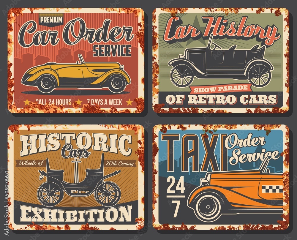 Rare cars and retro vehicles rusty metal plate. Vintage cabriolet ...
