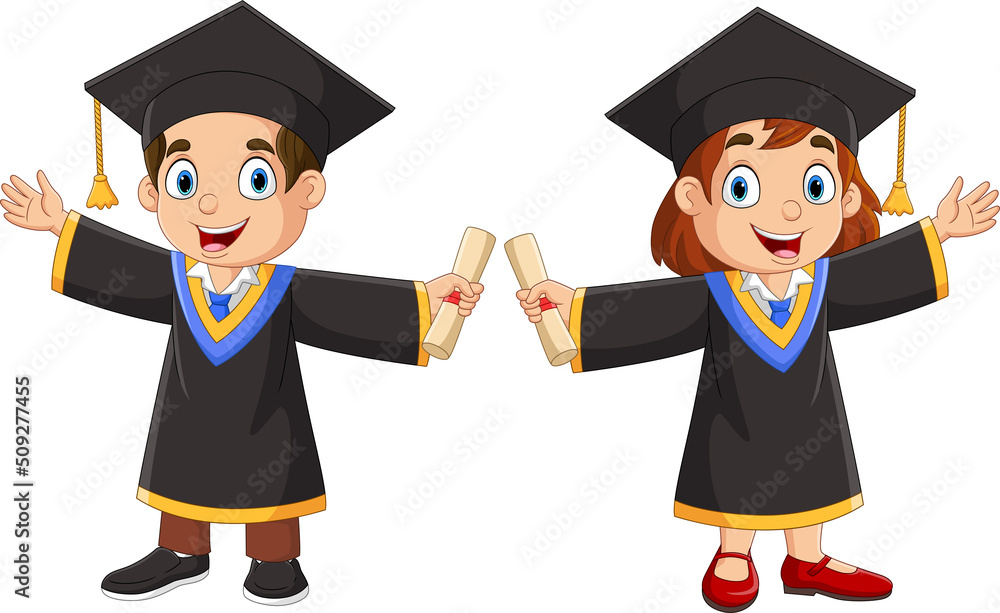 Cartoon happy children in graduation costumes Stock Vector | Adobe Stock