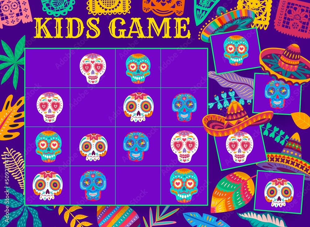 Sudoku kids game with Mexican sugar calavera skull, vector riddle ...