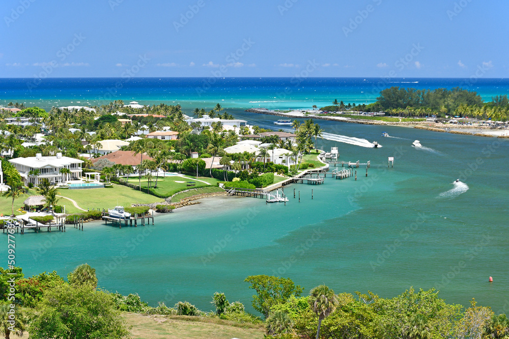Aerial view of Jupiter Inlet from the lighthouse in Jupiter, Florida in ...