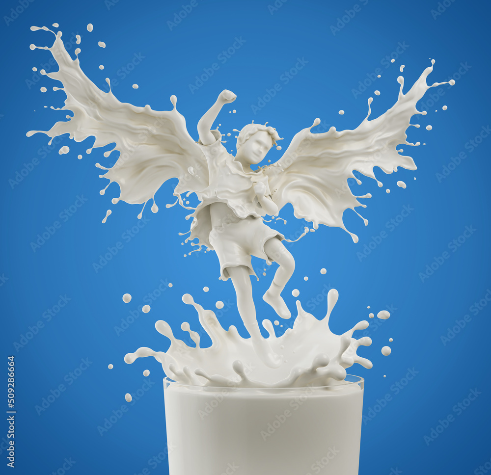 Splash of milk in form of Boy's body with wings is flying, 3d ...