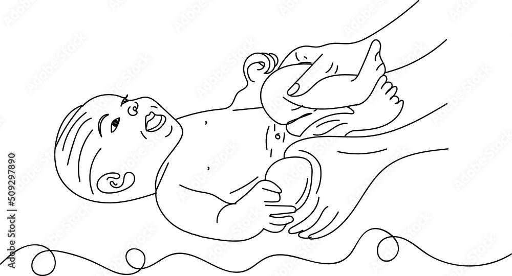 Baby care vector, Baby massage logo, sketch drawing of new born baby ...