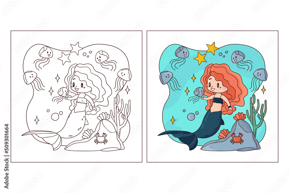 Hand drawn cute Mermaid for coloring page 5 Stock Vector | Adobe Stock